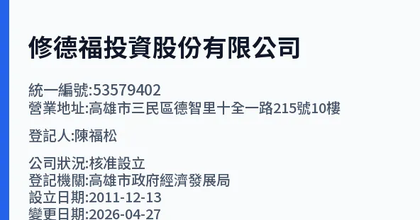 修德福投資股份有限公司的照片-統編 53579402(高雄市) 公司登記資料與營業項目詳細圖表