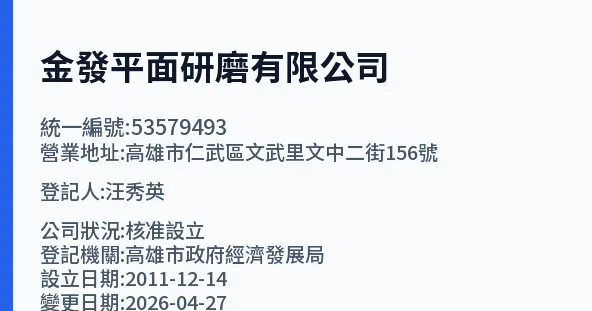 金發平面研磨有限公司的照片-統編 53579493(高雄市) 公司登記資料與營業項目詳細圖表