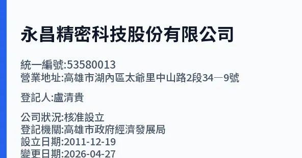 永昌精密科技股份有限公司的照片-統編 53580013(高雄市) 公司登記資料與營業項目詳細圖表