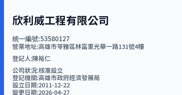 欣利威工程有限公司的照片-統編 53580127(高雄市) 公司登記資料與營業項目詳細圖表