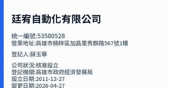 廷宥自動化有限公司的照片-統編 53580528(高雄市) 公司登記資料與營業項目詳細圖表