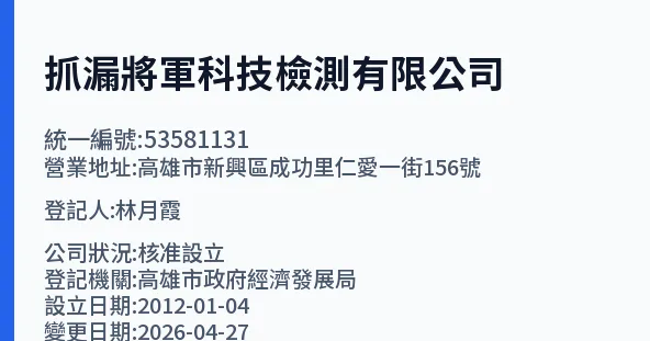 抓漏將軍科技檢測有限公司的照片-統編 53581131(高雄市) 公司登記資料與營業項目詳細圖表