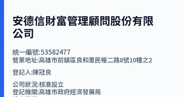 安德信財富管理顧問股份有限公司的照片-統編 53582477(高雄市) 公司登記資料與營業項目詳細圖表