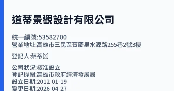 道蒂景觀設計有限公司的照片-統編 53582700(高雄市) 公司登記資料與營業項目詳細圖表