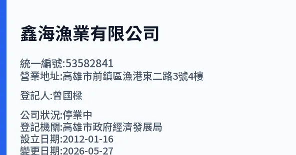 鑫海漁業有限公司的照片-統編 53582841(高雄市) 公司登記資料與營業項目詳細圖表