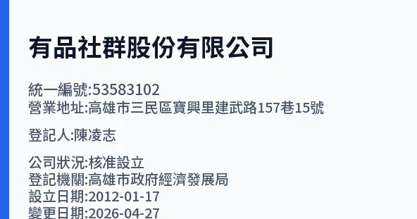 有品社群股份有限公司的照片-統編 53583102(高雄市) 公司登記資料與營業項目詳細圖表
