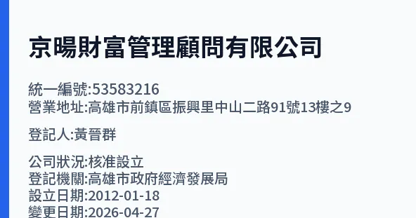 京暘財富管理顧問有限公司的照片-統編 53583216(高雄市) 公司登記資料與營業項目詳細圖表