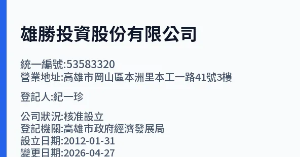 雄勝投資股份有限公司的照片-統編 53583320(高雄市) 公司登記資料與營業項目詳細圖表