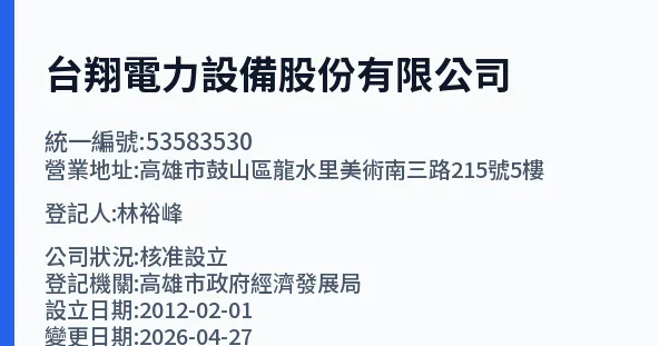 台翔電力設備股份有限公司的照片-統編 53583530(高雄市) 公司登記資料與營業項目詳細圖表
