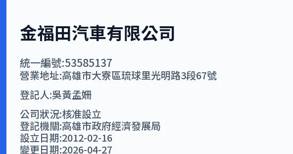 金福田汽車有限公司的照片-統編 53585137(高雄市) 公司登記資料與營業項目詳細圖表