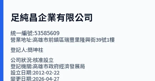 足純昌企業有限公司的照片-統編 53585609(高雄市) 公司登記資料與營業項目詳細圖表