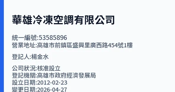 華雄冷凍空調有限公司的照片-統編 53585896(高雄市) 公司登記資料與營業項目詳細圖表