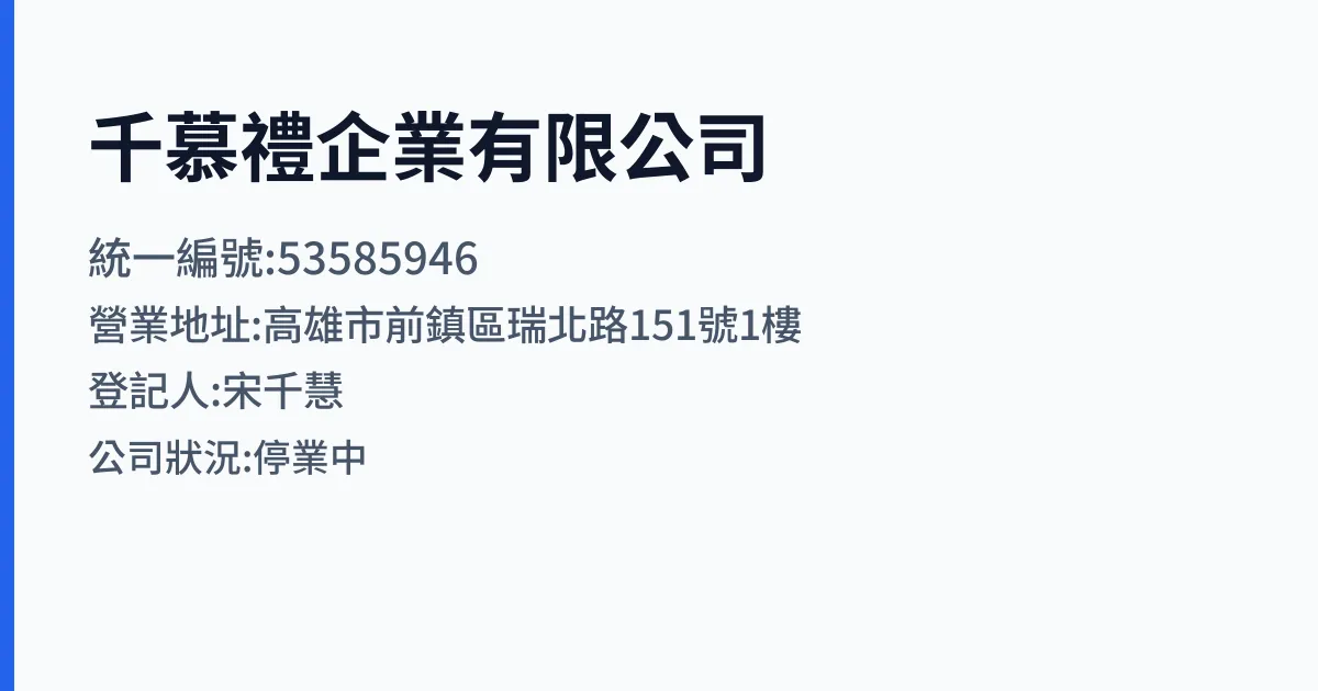 千慕禮企業有限公司 - 統編 53585946(高雄市) 公司登記資料與營業項目詳細圖表