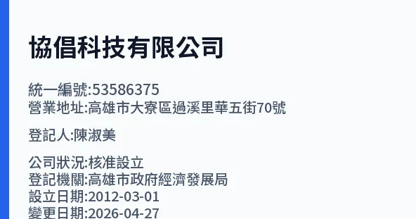 協倡科技有限公司的照片-統編 53586375(高雄市) 公司登記資料與營業項目詳細圖表