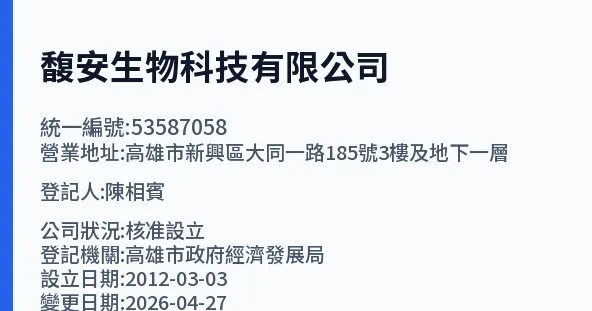 馥安生物科技有限公司的照片-統編 53587058(高雄市) 公司登記資料與營業項目詳細圖表