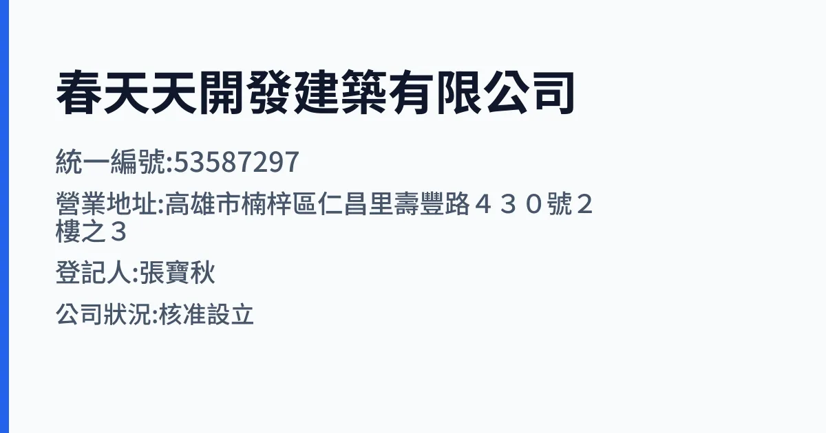 春天天開發建築有限公司 - 統編 53587297(高雄市) 公司登記資料與營業項目詳細圖表