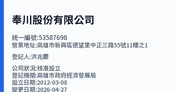 奉川股份有限公司的照片-統編 53587698(高雄市) 公司登記資料與營業項目詳細圖表