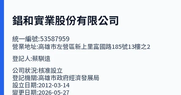 錩和實業股份有限公司的照片-統編 53587959(高雄市) 公司登記資料與營業項目詳細圖表