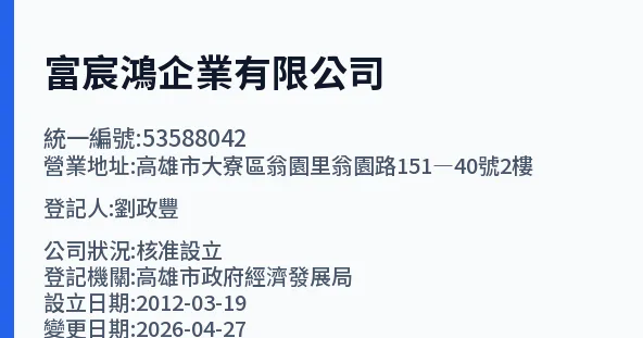 富宸鴻企業有限公司的照片-統編 53588042(高雄市) 公司登記資料與營業項目詳細圖表