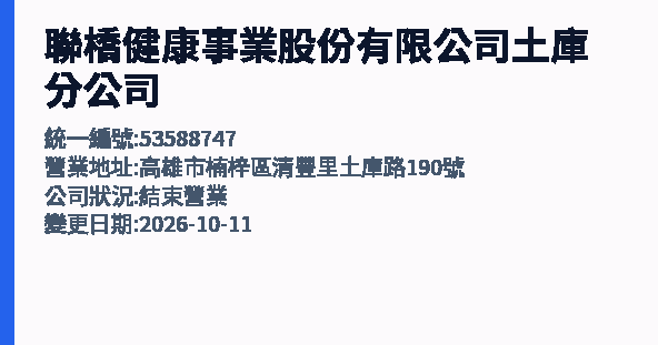 聯橋健康事業股份有限公司土庫分公司的照片-統編 53588747(高雄市) 公司登記資料與營業項目詳細圖表