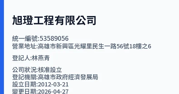 旭璒工程有限公司的照片-統編 53589056(高雄市) 公司登記資料與營業項目詳細圖表