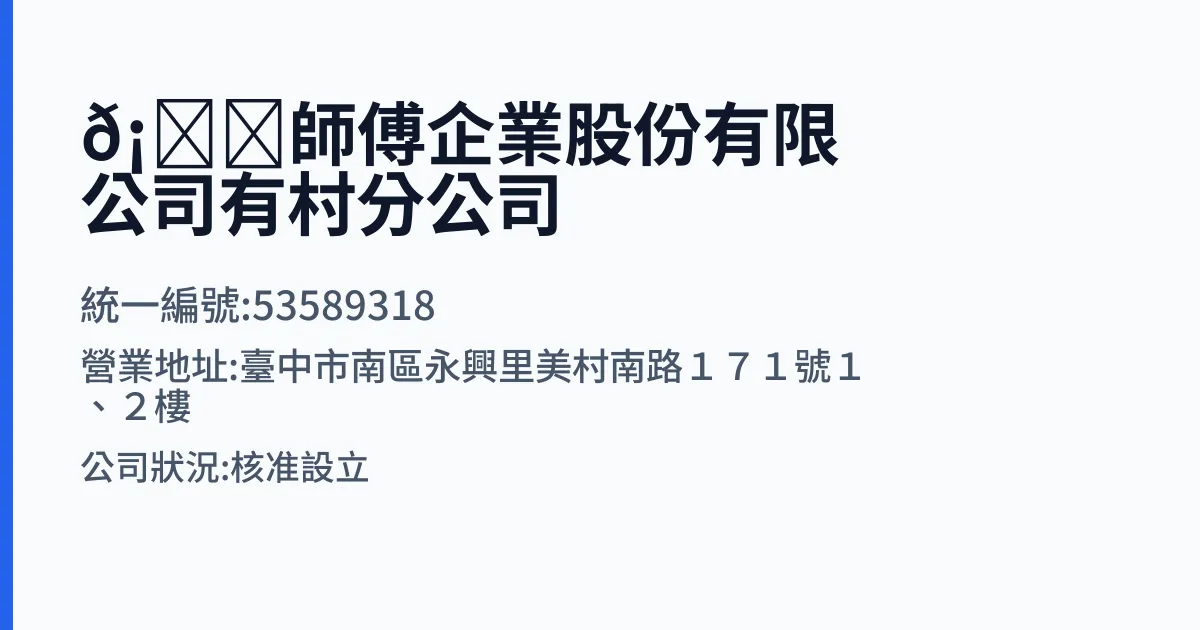 𡘙師傅企業股份有限公司有村分公司 - 統編 53589318(臺中市) 公司登記資料與營業項目詳細圖表