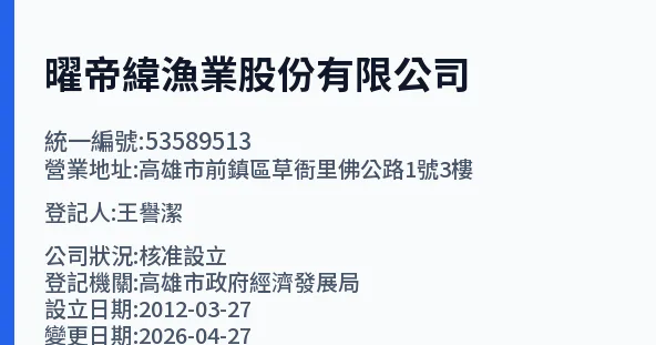 曜帝緯漁業股份有限公司的照片-統編 53589513(高雄市) 公司登記資料與營業項目詳細圖表