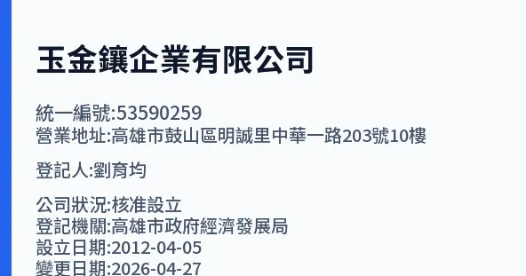 玉金鑲企業有限公司的照片-統編 53590259(高雄市) 公司登記資料與營業項目詳細圖表