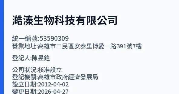 澔溱生物科技有限公司的照片-統編 53590309(高雄市) 公司登記資料與營業項目詳細圖表