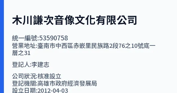 木川謙次音像文化有限公司的照片-統編 53590758(臺南市) 公司登記資料與營業項目詳細圖表