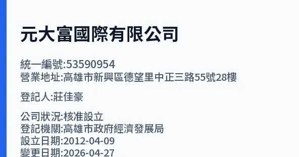 元大富國際有限公司的照片-統編 53590954(高雄市) 公司登記資料與營業項目詳細圖表