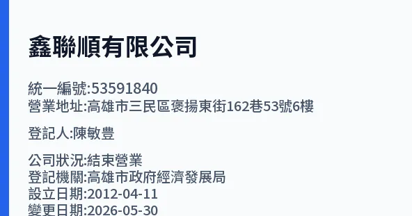 鑫聯順有限公司的照片-統編 53591840(高雄市) 公司登記資料與營業項目詳細圖表