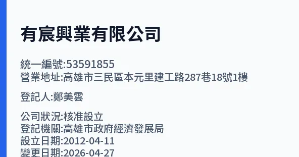 有宸興業有限公司的照片-統編 53591855(高雄市) 公司登記資料與營業項目詳細圖表
