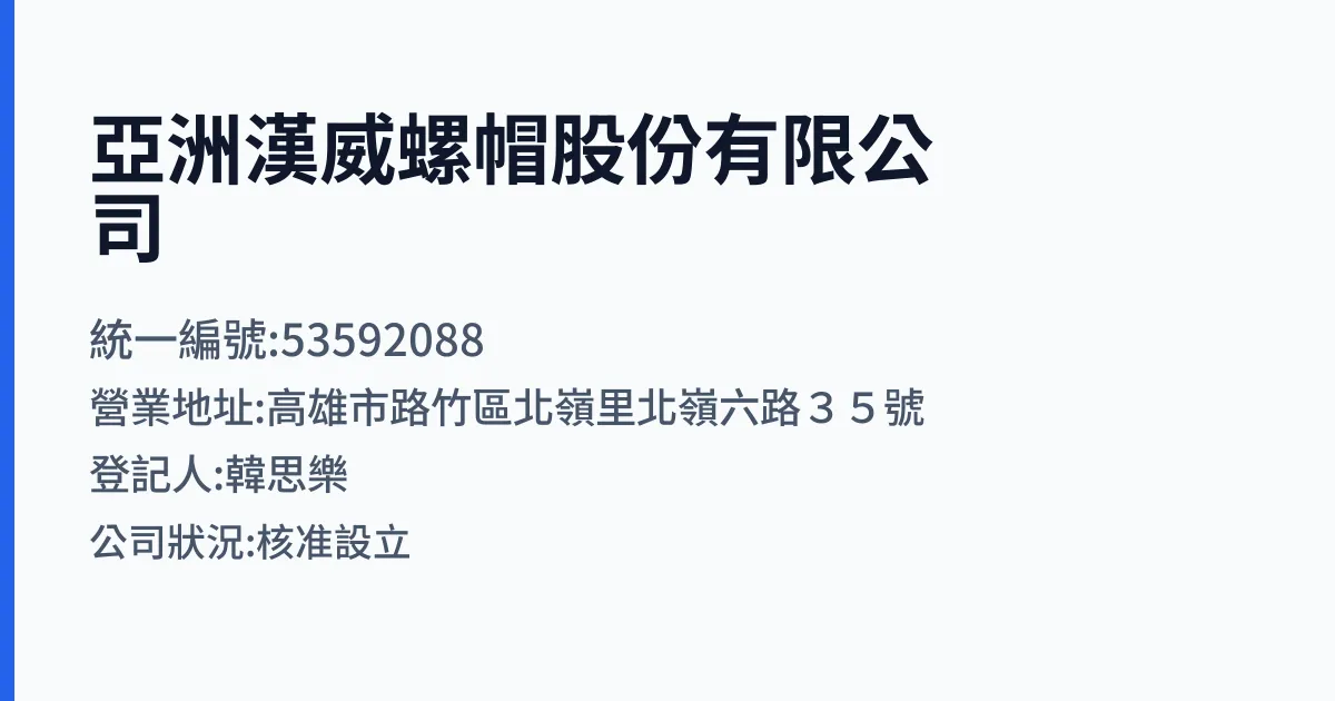 亞洲漢威螺帽股份有限公司 - 統編 53592088(高雄市) 公司登記資料與營業項目詳細圖表