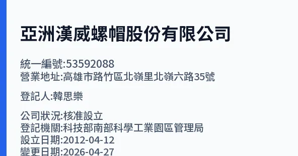 亞洲漢威螺帽股份有限公司的照片-統編 53592088(高雄市) 公司登記資料與營業項目詳細圖表