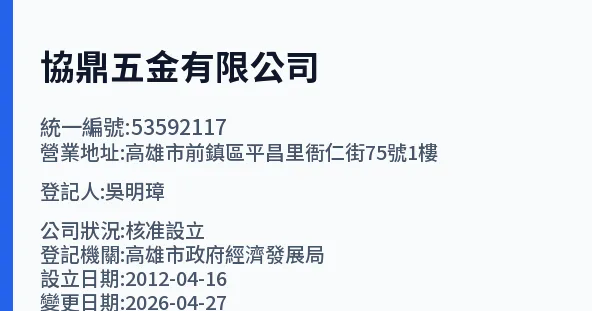 協鼎五金有限公司的照片-統編 53592117(高雄市) 公司登記資料與營業項目詳細圖表