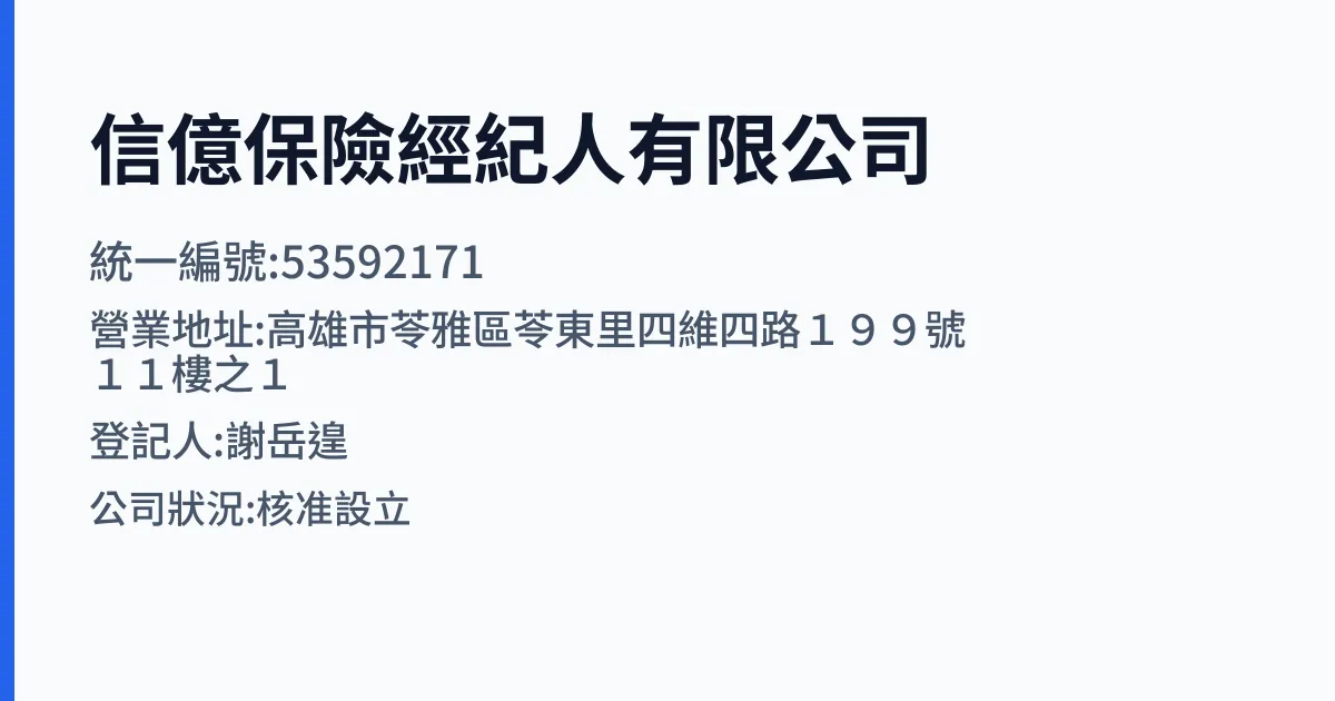 信億保險經紀人有限公司 - 統編 53592171(高雄市) 公司登記資料與營業項目詳細圖表