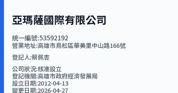 亞瑪薩國際有限公司的照片-統編 53592192(高雄市) 公司登記資料與營業項目詳細圖表