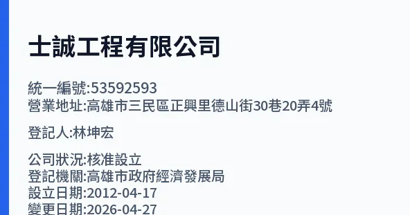 士誠工程有限公司的照片-統編 53592593(高雄市) 公司登記資料與營業項目詳細圖表