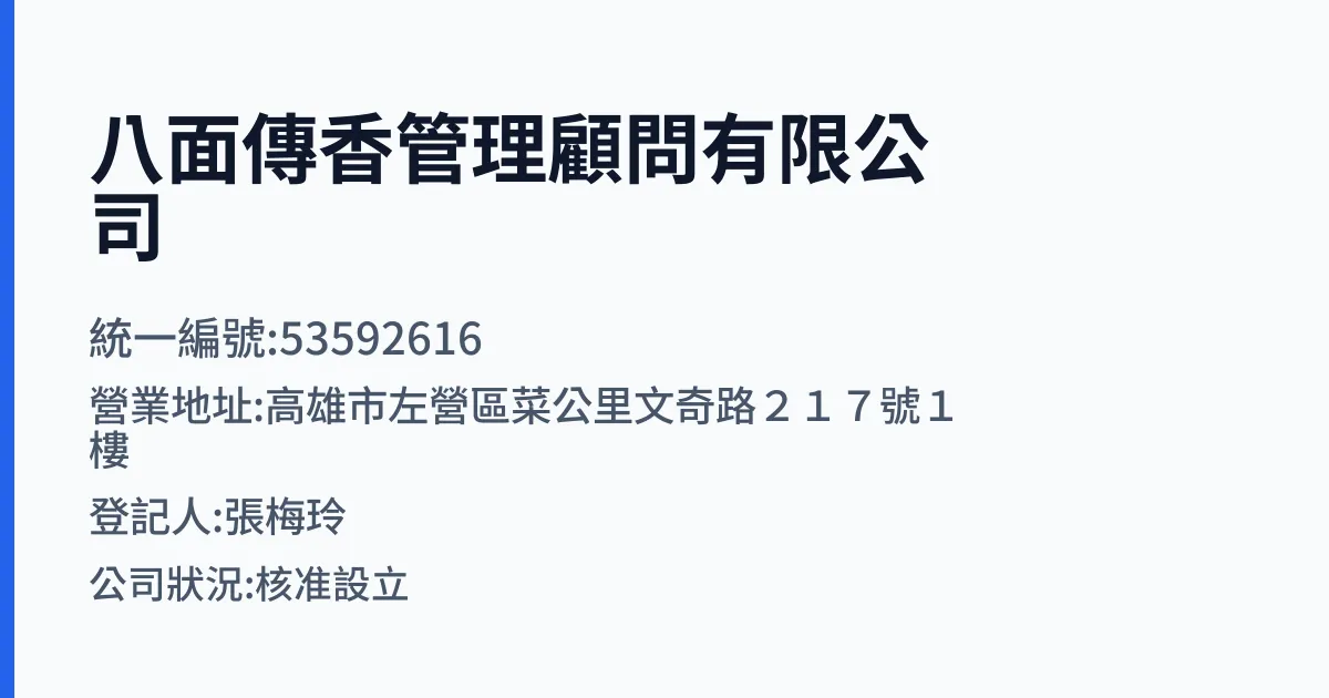 八面傳香管理顧問有限公司 - 統編 53592616(高雄市) 公司登記資料與營業項目詳細圖表