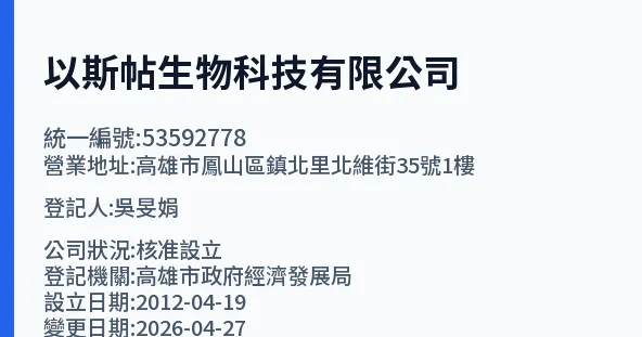 以斯帖生物科技有限公司的照片-統編 53592778(高雄市) 公司登記資料與營業項目詳細圖表