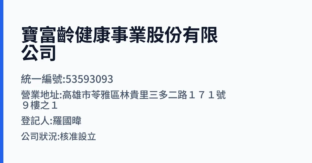 寶富齡健康事業股份有限公司 - 統編 53593093(高雄市) 公司登記資料與營業項目詳細圖表