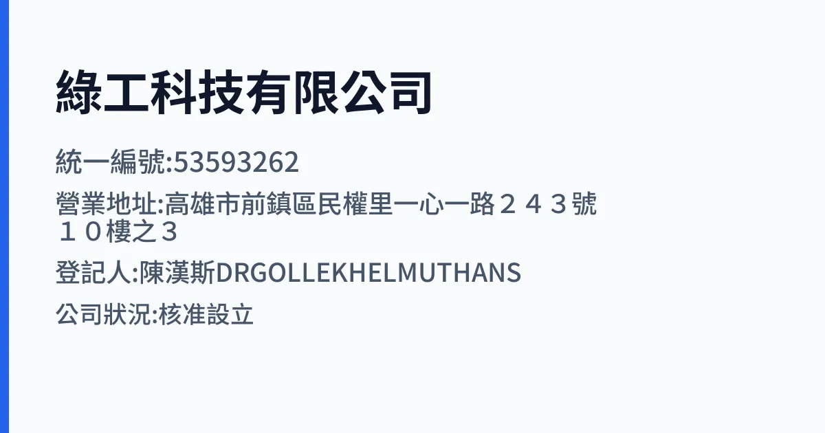 綠工科技有限公司 - 統編 53593262(高雄市) 公司登記資料與營業項目詳細圖表