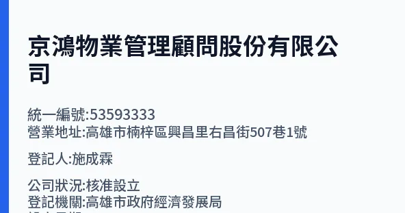 京鴻物業管理顧問股份有限公司的照片-統編 53593333(高雄市) 公司登記資料與營業項目詳細圖表