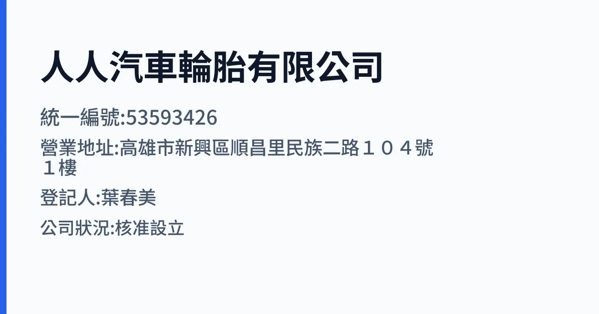 人人汽車輪胎有限公司 - 統編 53593426（高雄市） 公司登記資料與營業項目詳細圖表