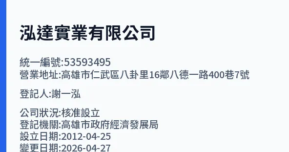 泓達實業有限公司的照片-統編 53593495(高雄市) 公司登記資料與營業項目詳細圖表