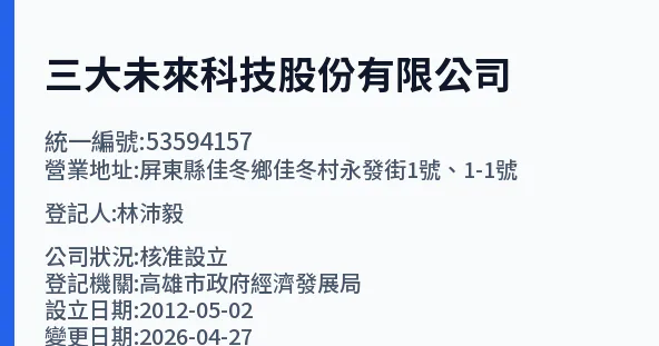 三大未來科技股份有限公司的照片-統編 53594157(屏東縣) 公司登記資料與營業項目詳細圖表