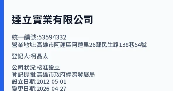 達立實業有限公司的照片-統編 53594332(高雄市) 公司登記資料與營業項目詳細圖表