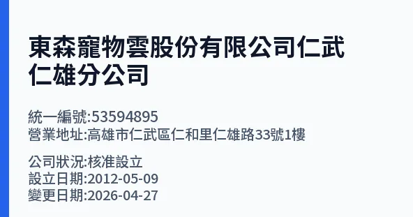 東森寵物雲股份有限公司仁武仁雄分公司的照片-統編 53594895(高雄市) 公司登記資料與營業項目詳細圖表