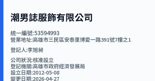 潮男誌服飾有限公司的照片-統編 53594993(高雄市) 公司登記資料與營業項目詳細圖表
